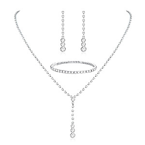 CASSIECA Silver Bridal Jewelry Set Rhinestone Necklace Bracelet Dangle Earrings for Bride Bridesmaid Teardrop Pendant Crystal Wedding Prom Jewelry Accessories for Women