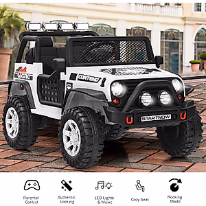 Costzon 2-Seater Ride on Truck, 12V Battery Powered Electric Vehicle w/Remote Control, 2 Speeds, Spring Suspension, LED Light, Horn, Music/ MP3, 2 Doors Open, Ride on Car for Kids (White)