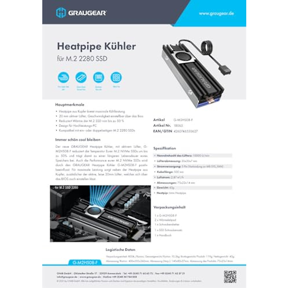 GRAUGEAR M.2 2280 SSD Heatsink, Direct-Touch Heat of Copper Heat Pipe, 20mm Built-in Cooling Fan, Aluminum Plate-Fin Design, Thermal Pads incl. Cooler for M.2 NVMe/SATA [G-M2HS08-F]