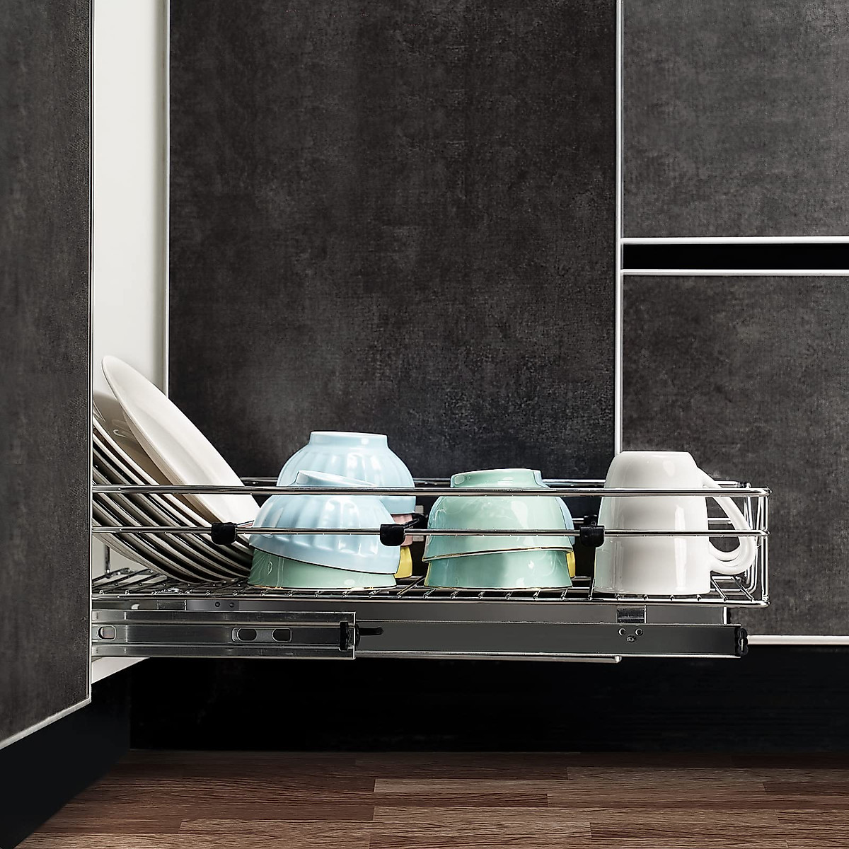 BBLHOME Pull Out Cabinet Drawer Organizer,Heavy Duty Slide Out Pantry Shelves Sliding Drawer Storage for Bathroom, Kitchen, Home, 11" W x 21" D,Chrome Finish