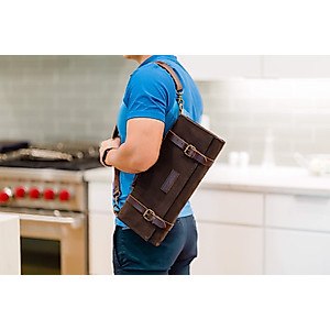Chef's Knife Roll Bag | Extra Thick, Heavy Duty, Durable Waxed Canvas w/Cotton Liner | Stores 8 Knives plus Zipper Pocket | Portable Chef Knife Case with Leather Shoulder Strap | Knives Not Included