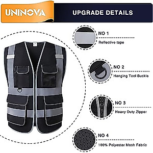 UNINOVA High Visibility Safety Vest - Multi Pockets Reflective Mesh Breathable Workwear, ANSI/ISEA Standards (Extra Large, Black Mesh)