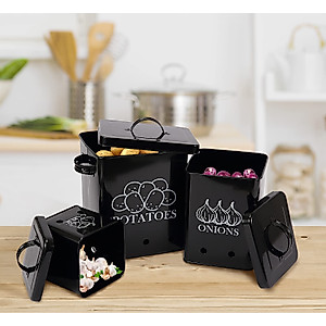 Potato Onion Kitchen Storage Canisters Jars Pots Containers 3 Pack Set - Potatoe, Garlic Bin Caddy, Long Shelf Life With Aerating Tin Storage Holes-Black