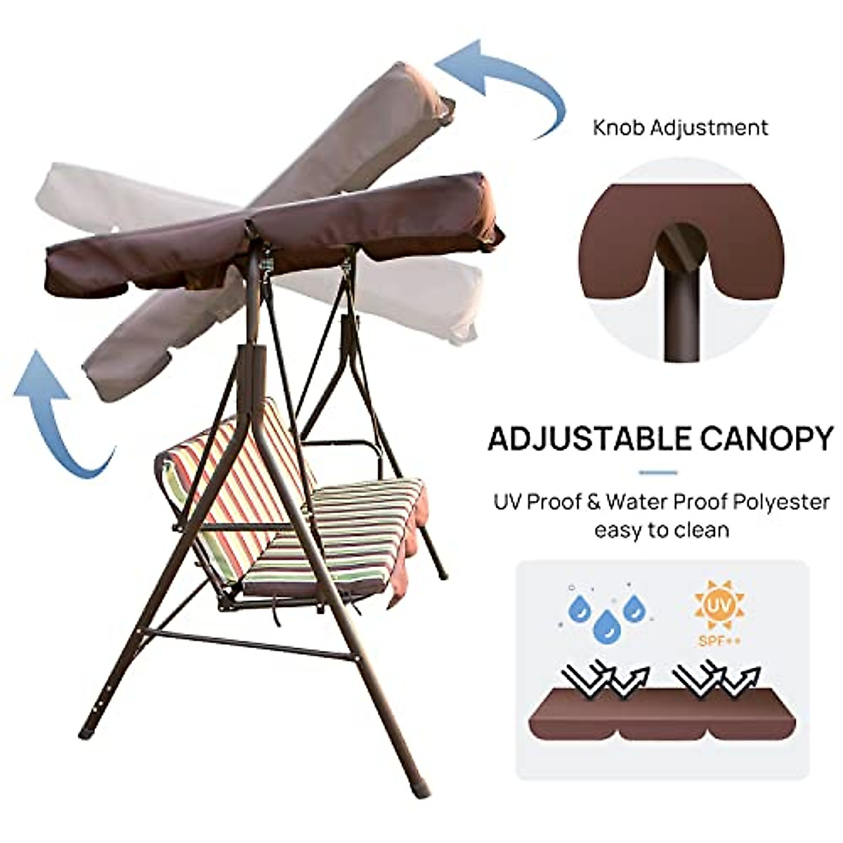 Outdoor Swing Chair 3 Person Patio Swing Chair Cushion with Stand Glider Hammock Bench with Canopy Seating Backyard Furniture Steel Frame
