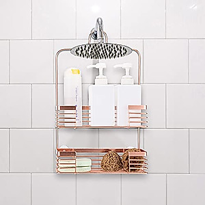 MyGift Modern Copper Metal 2 Tier Bathroom Hanging Shower Organizer, Over Head Shower Caddy Basket, Bathroom Accessories Organizer Storage Rack with Wall Suction Cups