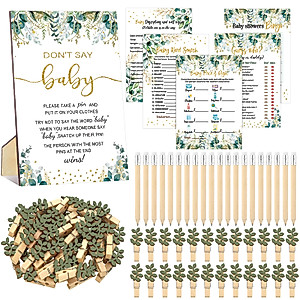 Patelai 321 Pcs Baby Shower Games Supplies, 5 Sets (50 Cards Each) Activities Cards with 20 Pencils 1 Don't Say Baby Sign 50 Clothespin(Greenery)