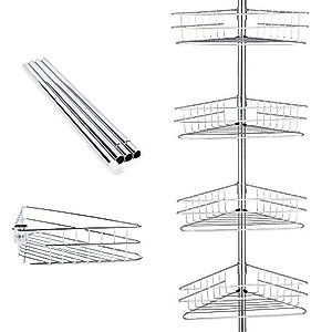 Gdrasuya10 4-Tier Bathroom Shower Shelf Rack storage basket with hook Constant Tension Corner Shower Caddy Shower Tension Pole Caddy 4-Shelf Rustproof Shower Tension Pole Caddy