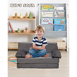 Weighted Idea Kids Sofa Toddler Couch Safe Sturdy for Boys, Soft Flannel Fabric Comfy Kid Couch Fold Out for Lounger, 2-in-1 Convertible Child Sofa Bed for Bedroom(Medium Grey)