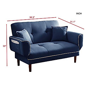 LCH Convertible Bed with 2 Pillows,Loveseat Sleeper Futon, Recliner Couch with Adjustable Armrest and Wood Legs,Living Room Sofa with 5-Angle Backrest for Small Space(Navy Blue)