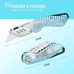 FantastiCAR Folding Utility Knife Gift Box Cutter Plume Type Metal Body, with 5-Piece Extra Blades (Sky Blue)
