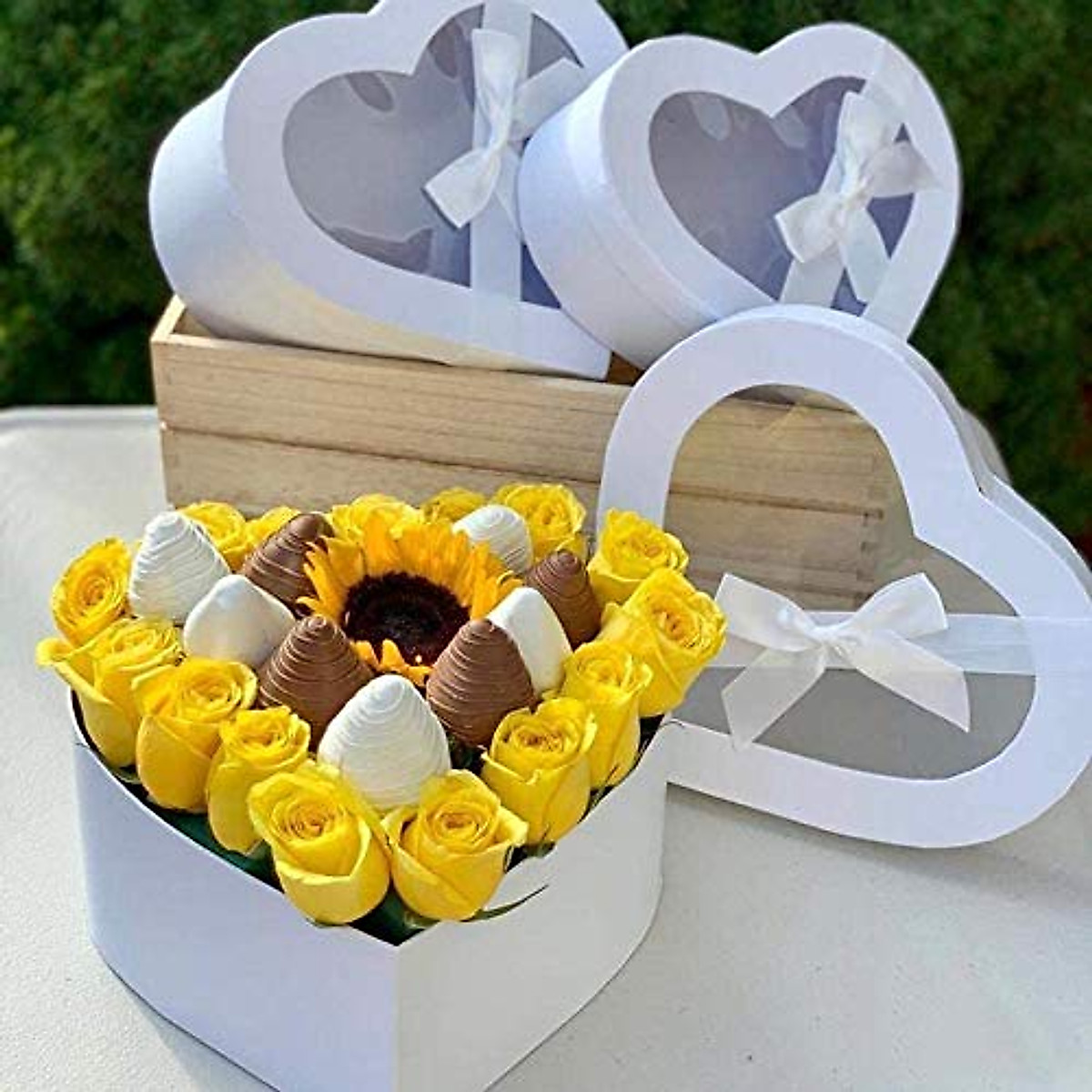 BBJ WRAPS Heart Shaped Boxes for Flowers Packaging with Transparent Window Lids Luxury Gift Box for Floral Arrangement, Set of 3(S/M/L) (Black)