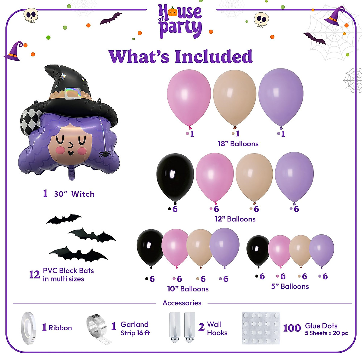 HOUSE OF PARTY Halloween Balloon Arch Kit 86 Pcs - 18/12/10/5 Inch Pink and Purple Halloween Balloon Garland Kit with 30" Witch Foil Balloon & PVC Bats for Halloween Balloons Decorations