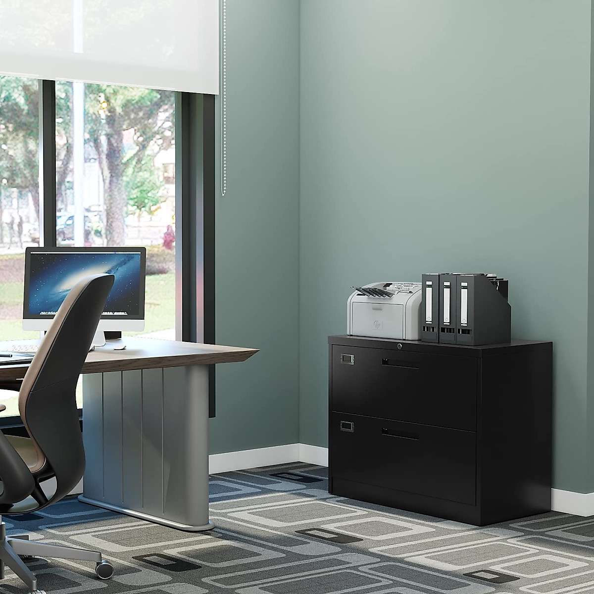 LISSIMO Lateral File Cabinet, 2 Drawer Metal Filing Cabinet with Lock, Home Office Storage for A4, Letter Size, Hanging File Folders(Black)