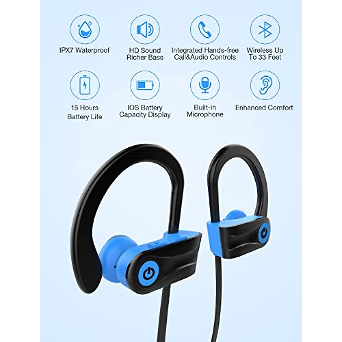 Otium Bluetooth Headphones, Wireless Sports Earbuds, Waterproof IPX7 w/Mic, HD Stereo in-Ear Earphones, Case, Fast Pairing, Gym Running Workout, 16 Hrs Battery Noise Cancelling Headsets