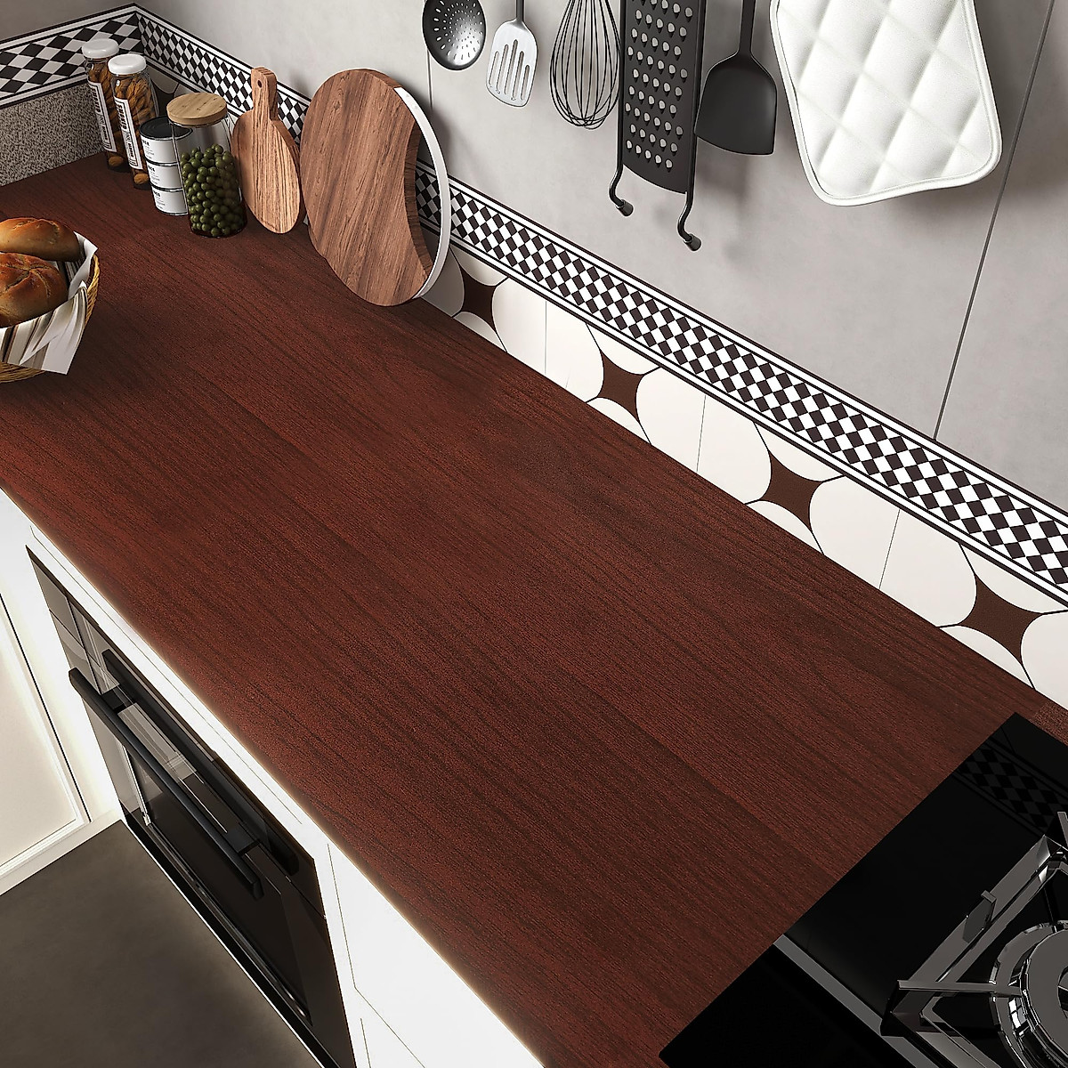 BAYYA Cherry Wood Grain Paper Waterproof Peel and Stick Wallpaper Red Brown Decorative Furniture Sticker for Kitchen Cabinet Door Table Floor Shelf Drawer Liner Self-Adhesive Film