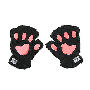 FakeFace Cute Cat Kitten Paw Fingerless Faux Fur Plush Gloves For Girls Women, Black, Small