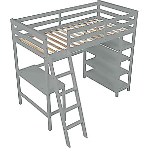 DNYN Twin Size High Loft Bed for Kids,Solid Wood Bedframe with One Desk & Four Shelves & Angle Ladder & Safety Guardrail for Boys and Girls,No Box Spring Needed,79.7"x63.4"x68.3", Gray