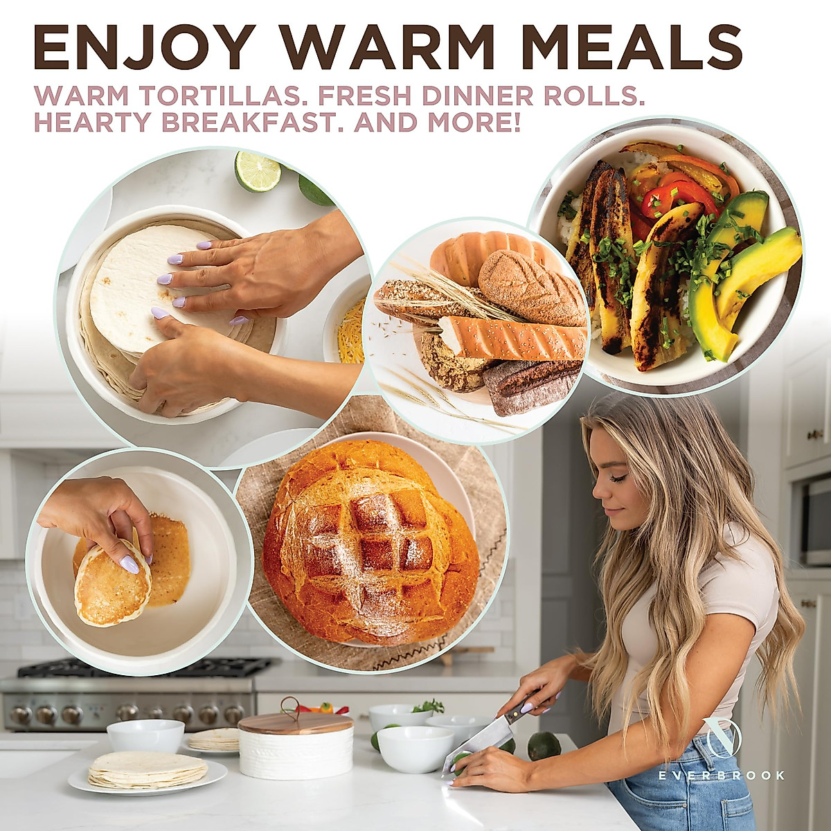 Everbrook Authentic Wood and Ceramic Tortilla Warmer - Tortilla Holder - Bread Warmer - Pancake Warmer - Tortilla Holder with Lid - Tortilla Steamer - White Tortilla Warmer - 8.5 Inches