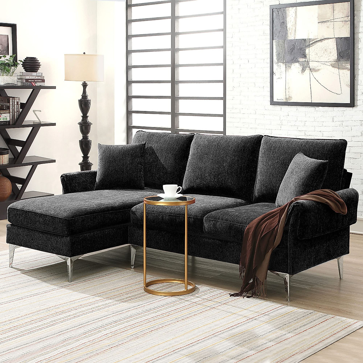 L-Shaped Sofa with Chaise Lounge, Reversible Sectional Sofa Couch with 2 Pillows, Upholstered Couch for Living Room, Bedroom, Small Space (Black)