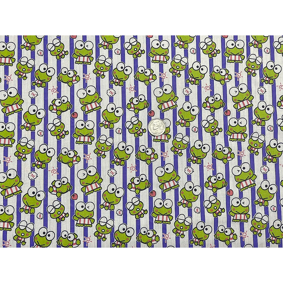 AMORNPHAN 44 Inch Green Keroro Happy Frog Cartoon Purple Stripes Printed On White Cotton Fabric Themed Pattern with Frogs for Craft Decorative Kid Patchwork Handmade Sewing Crafting for 1 Yard