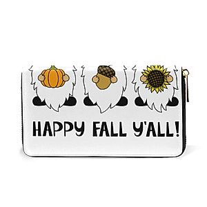 Gnomes in Leopard Caps with Sunflower Pumpkin Acorn Leather Long Wallet Organizer with Zipper Purse Clutch Bag for Women Men