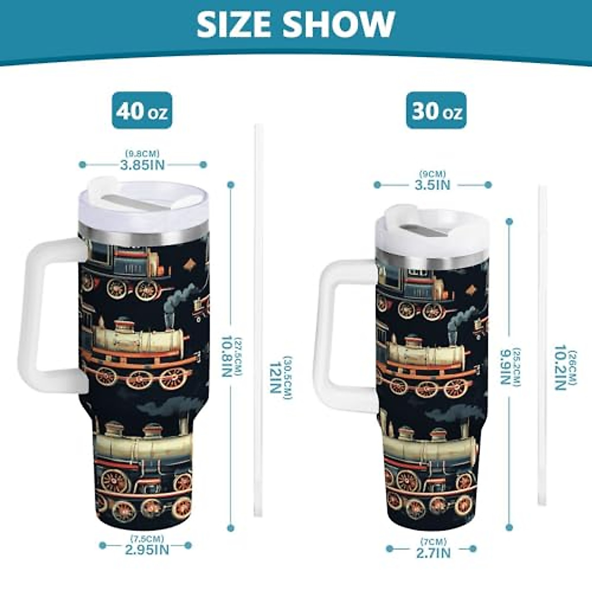ARGTILDN Steam Train 40 oz Tumbler Insulated Travel Mug with Handle and Straw Lid Vintage Car Stainless Steel Vacuum Coffee Cup Tea Beverage Container Water Bottles for Car Sports office