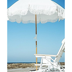 Business & Pleasure Co. Holiday Beach Umbrella ~ White Boho Fringe Umbrella, UPF 50+, 1" Tilting Wood Pole, 5’W x 6.5’H
