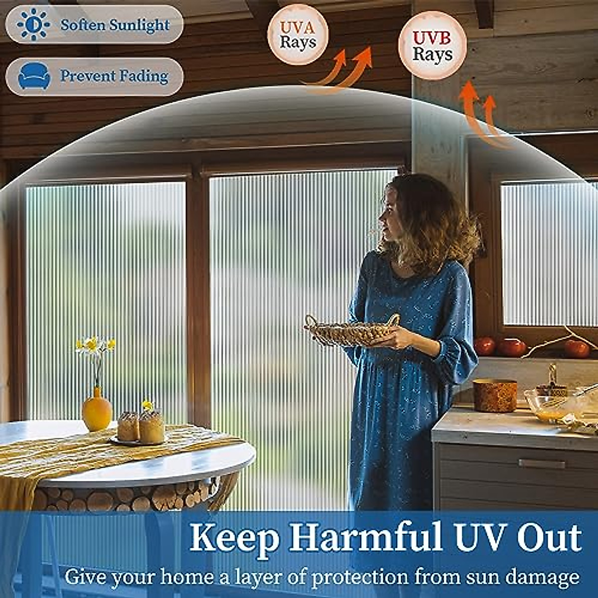 FEOMOS Reeded Glass Film, Window Privacy Film, 3D Glass Decals Film, Decorative Film for Window Door Cabinet Non Adhesive Anti UV 17.7 x 78.7 inches