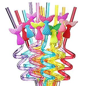 Mermaid Tail Straws Party Favors for Mermaid Birthday Party Supplies,Under The Sea Party Supplies with 2 Cleaning Brush (21+2)
