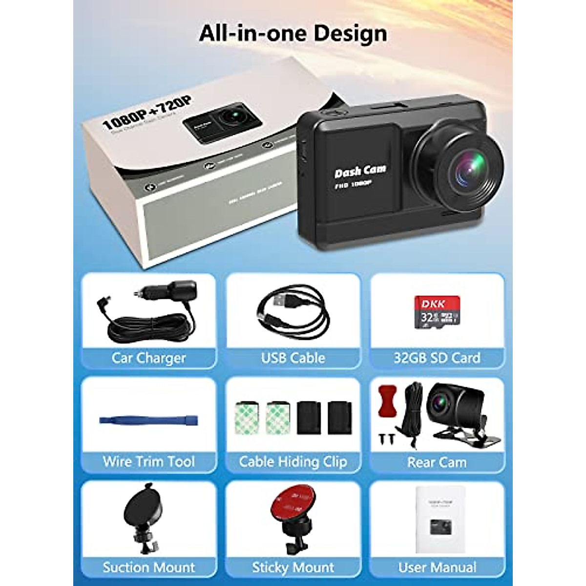 Dash Cam Front and Rear, Mini Dash Cam 1080P Full HD with 32GB SD Card, 2.45 inch IPS Screen, 2 Mounting Ways, Night Vision, WDR, Accident Lock, Loop Recording, Parking Monitor, Motion Detection