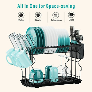 Veckle Dish Drying Rack for Kitchen Counter 2 Tier Small Dish Racks for Plates and Bowls Sets Rust-Resistant Dinnerware Drainer with Drainboard Tray, Glass Holder and Utensil Holder, Black