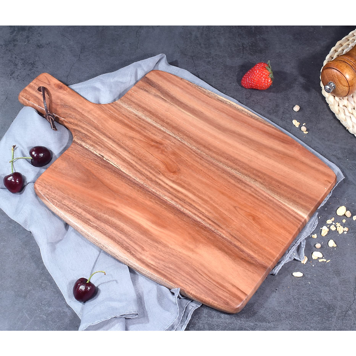 AMPSEVEN Large Acacia Wood Cutting Board with Handle - Wooden Chopping Board Charcuterie Board for Meat Vegetables Fruits Cheese Serving Kitchen Decor Countertop (15.7" x 10.6”)