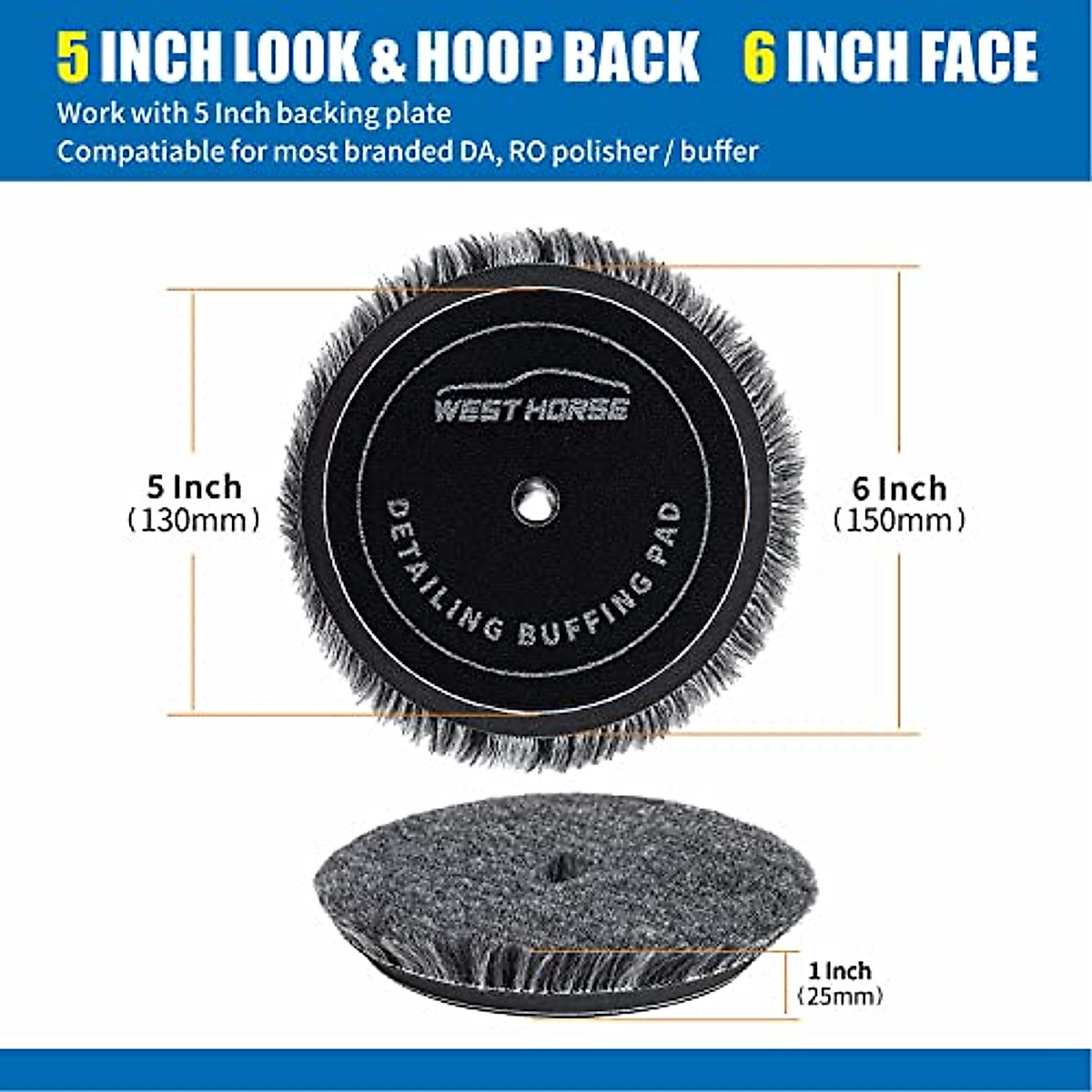 WEST HORSE 5 Inch Wool Buffing and Polishing Pads, 100% Wool One-Step-Polish Pad with Hook and Loop for Orbital Polisher (Grey, 5 Inch)