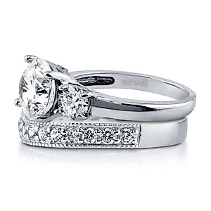 BERRICLE Sterling Silver 3-Stone Wedding Engagement Rings Round Cubic Zirconia CZ Ring Set for Women, Rhodium Plated Size 6