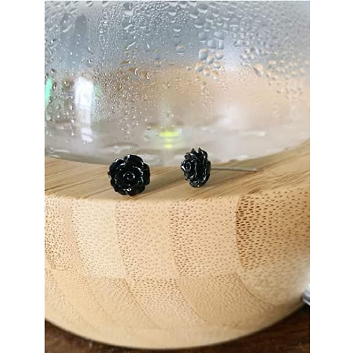 XChuyinie Tiny Floral Earrings 3D Carved Rose Flower Stud Earrings For Women Resin Silver Plated Brass 10mm(Multiple Colors Available)(Black)