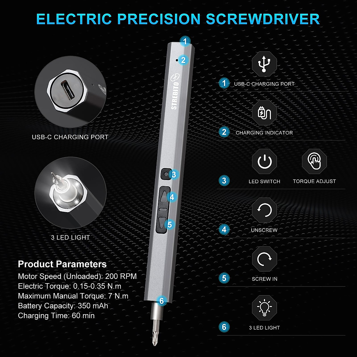 STREBITO Mini Electric Screwdriver Set, 36 in 1 Electric Precision Screwdriver Small Electric Screwdriver Kit, S2 Steel, Rechargeable Battery, 2 Torque Settings, Micro Power Screwdriver Cordless