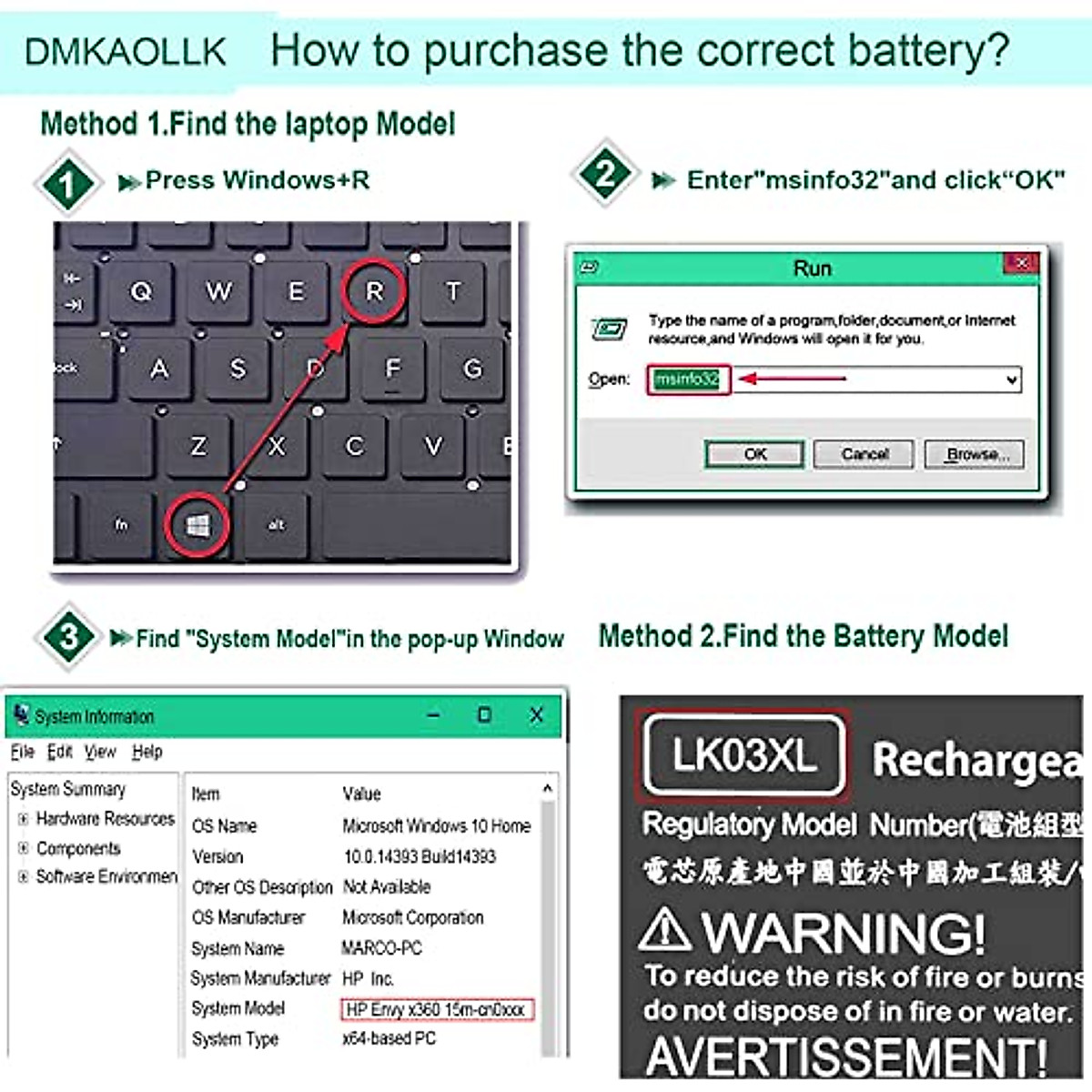 DMKAOLLK LK03XL L09281-855 Battery for HP Envy X360 Convertible 15m-cn0xxx 15-cn0xxx 15m-cp0xxx 15-cr0xxx 15-bp0xx 15-bq2xx 17-ae1xx 15m-cn0012dx 15m-cn0012dx 17m-bw0013dx LK03052XL 916814-855