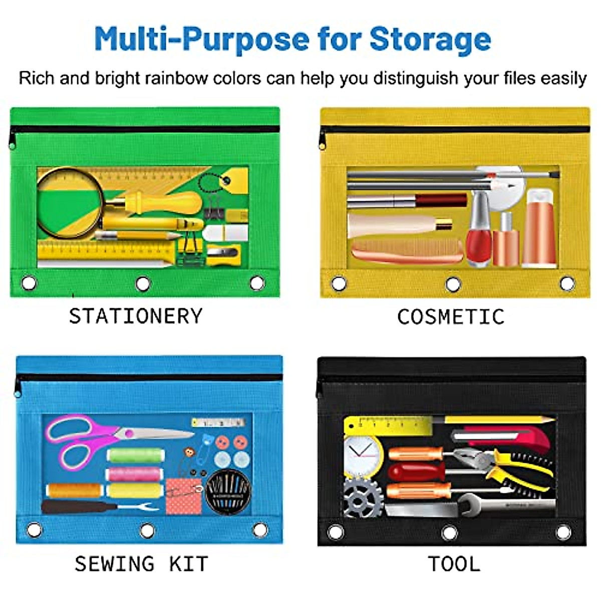 Pencil Pouch for 3 Ring Binder, Bulk 6 Pack Binder Pencil Pouch with Zipper, 3 Ring Pencil Pouch with Clear Window, Durable Cloth 3 Holes Zippered Pencil Pouch for Office School College Supplies