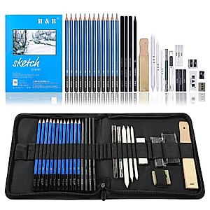 H & B Drawing Pencils Set, 33 Pieces Sketch Pencils & Drawing Kit, Complete Artist Kit Includes Sketch Pad, Graphite Pencils, Charcoal Sticks and Eraser, Art Supplies for Artists Beginner Adults Teens