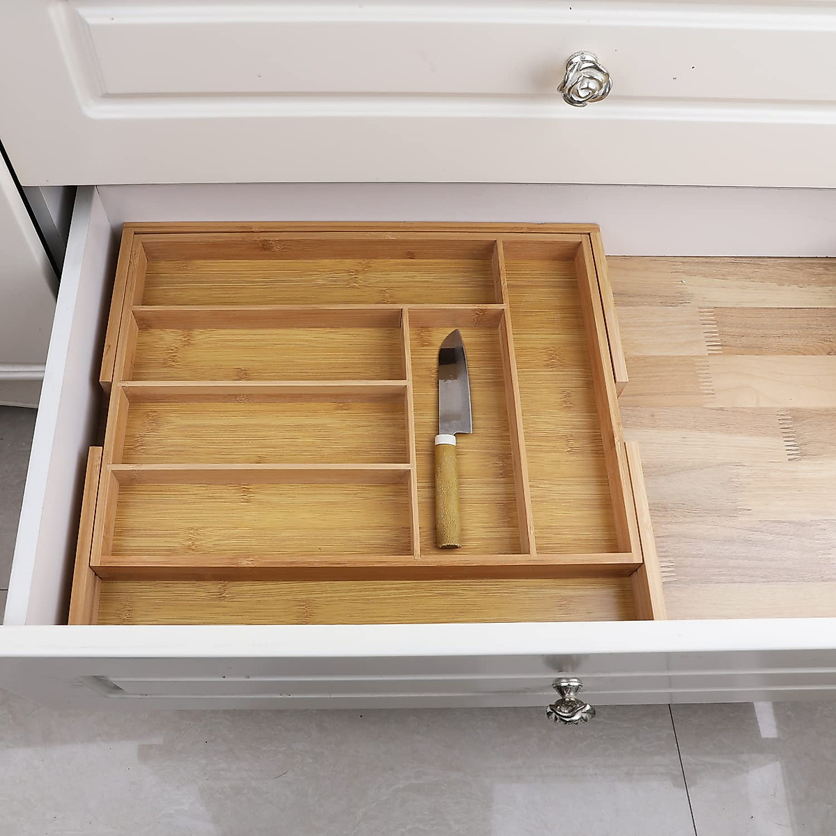 GOGOUP Bamboo Expandable Drawer Organizer for Utensils Holder, Adjustable Cutlery Tray Wood Drawer Dividers Organizer for Silverware Flatware Knives in Kitchen Bedroom Living Room