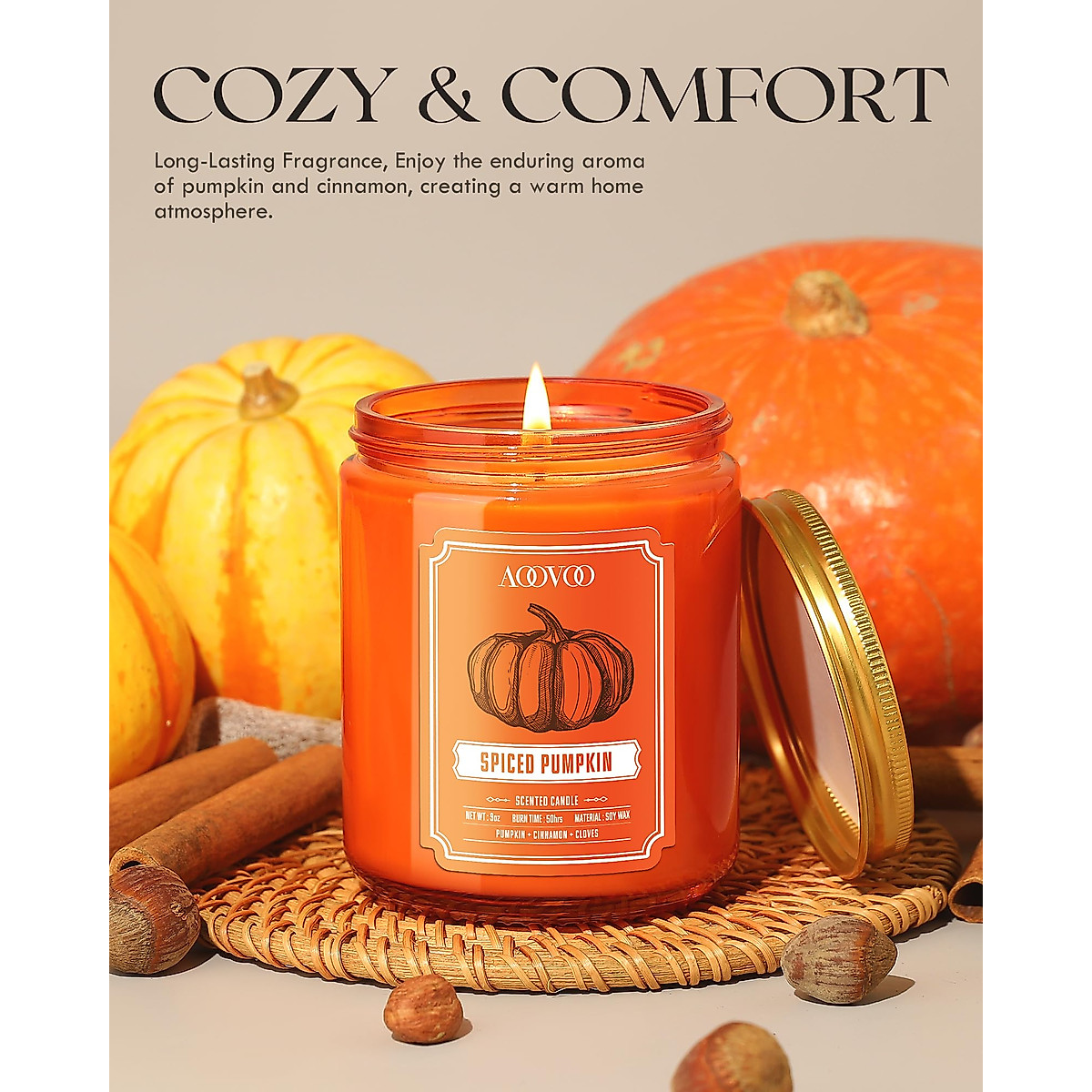 AOOVOO Spic Pumpkin Candle - Fall Soy Candles, Candles for Home Scented, Aromatherapy Candle, Candle for Women, 9 OZ