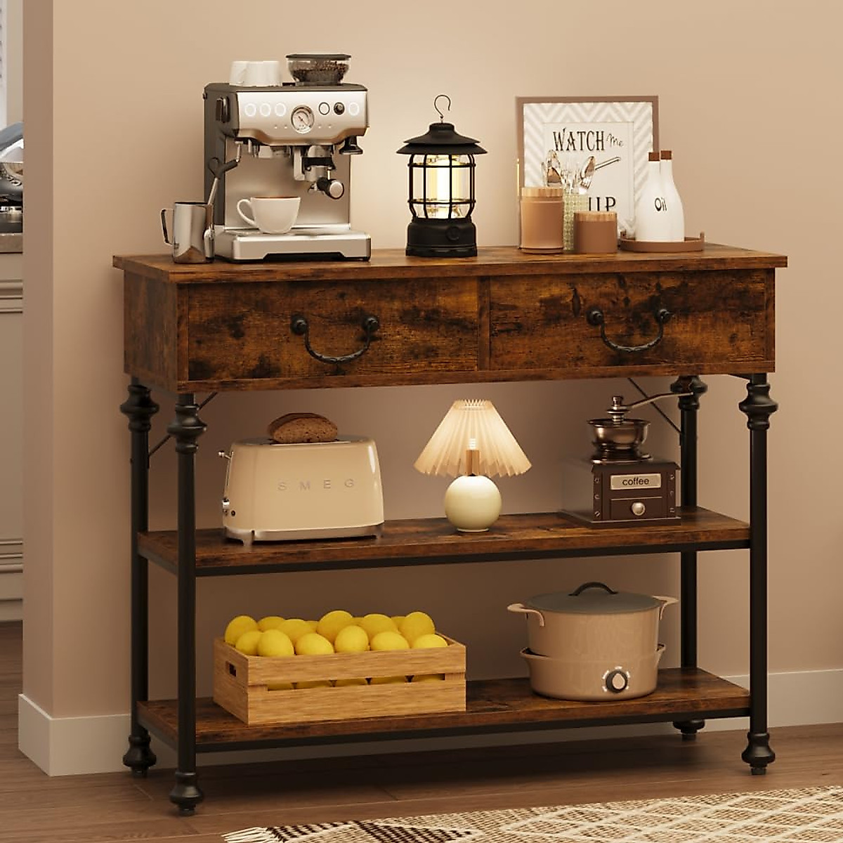 IDEALHOUSE Console Tables for Entryway, Small Entryway Table with 2 Drawers, Narrow Console Table with Storage Shelves for Living Room, Hallway Table, Sofa Table, Rustic Brown