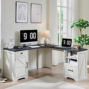 JXQTLINGMU L Shaped Desk, Corner Computer Desk with File Drawer & Charging Station, Home Office 59x59Inch Huge Workspace Study Writing Desk, Off White