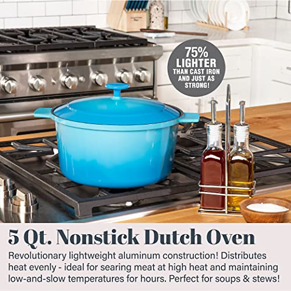 Granitestone Lightweight 5 Qt Dutch Oven Pot with Lid, Nonstick Dutch Oven Set, 10 in 1 Enamel Stock Pot/Cooking Pot & Dutch Oven for Sourdough Bread Baking, Oven/Dishwasher Safe, Non Toxic -Blue