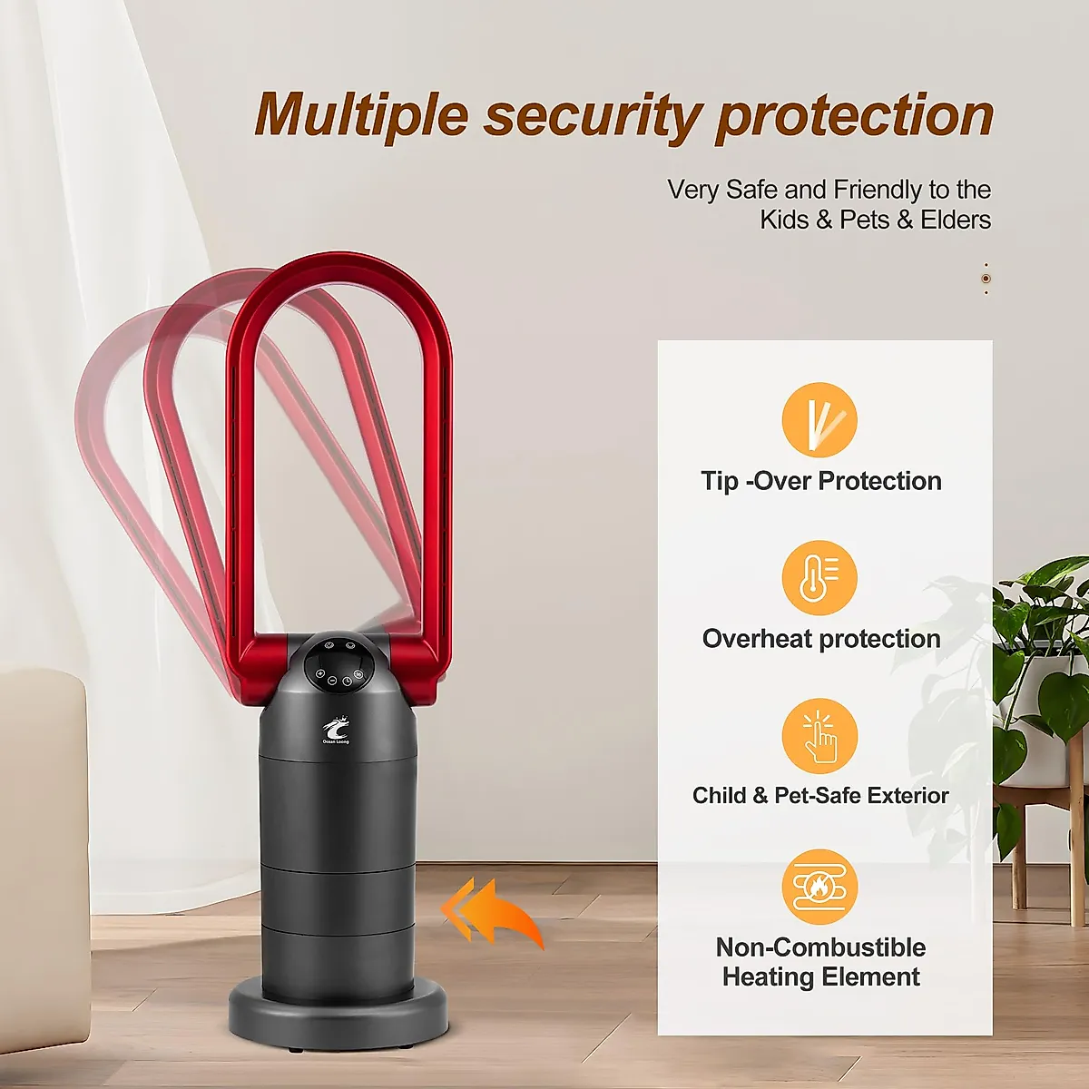 OceanLoong Space Heater & Bladeless Tower Fan All Season for Home, 1500W Eco Electric Heater with Adjustable Thermostat, Tip-Over Switch, Remote Control, Timer, Oscillating, Tilt Head, 29” Red, AB01