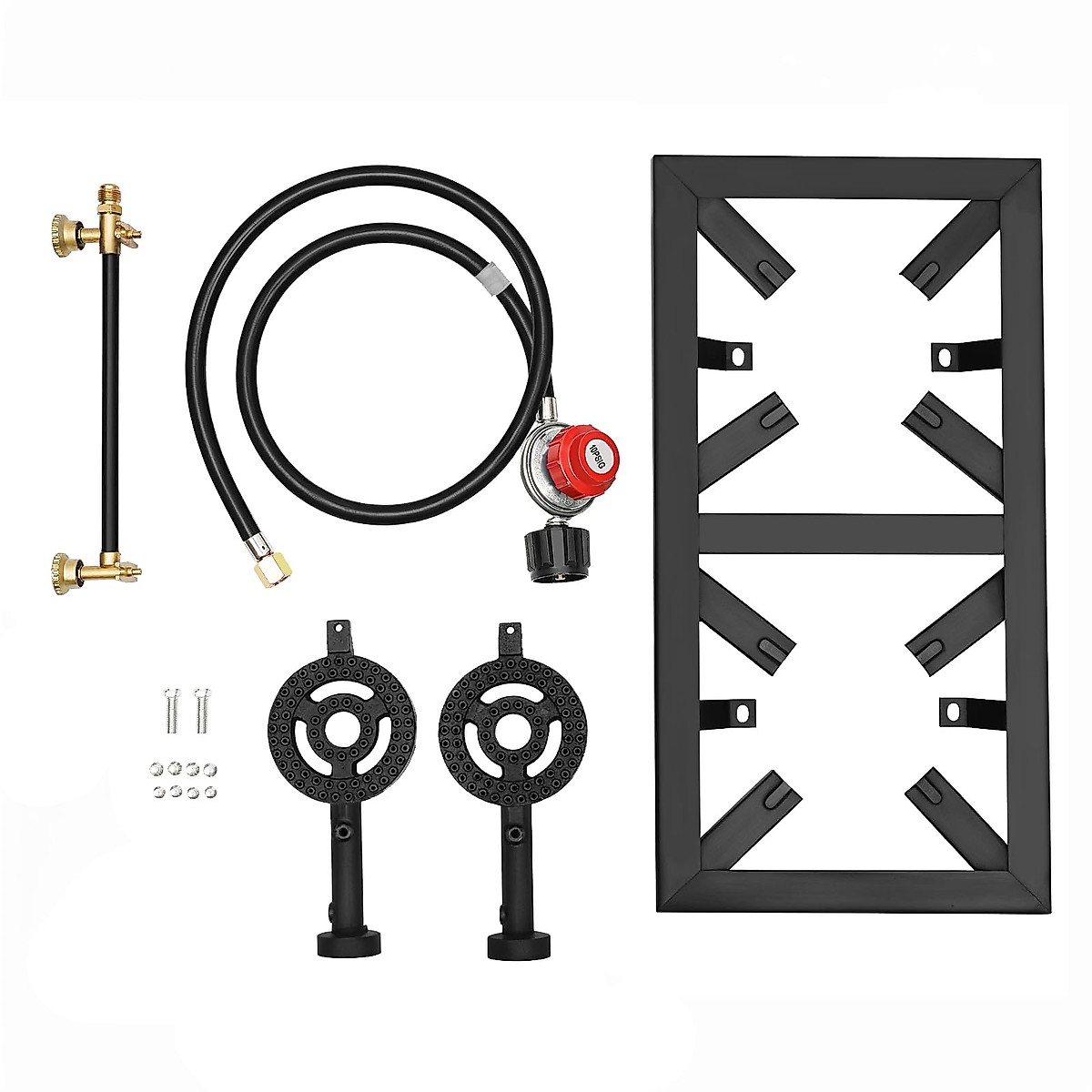 Portable Double Burner Outdoor Gas Stove Cast Iron Propane Cooker with Adjustable 0-10Psi Regulator Hose for Patio Camping, BBQ, Home Brewing,Tailgating, Hiking, Maple Syrup Prep