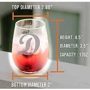 Etched Monogram 17oz Stemless Wine Glass (Letter D) A-Z Personalized wine glasses Custom Wine glasses Customized gifts for Her Women Initial Monogrammed Engraved