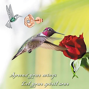 WOUOVO S925 Hummingbird Drop-Dangle Earrings - Waterdrop Flower Bird Eearring with Green Spinel Crystal Stone Mothers day Gifts for Mom and daughter (Rose Flower hummingbird)