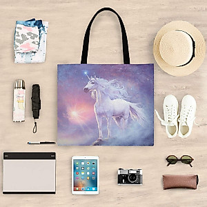 visesunny Women's Large Canvas Tote Shoulder Bag Unicorn Top Storage Handle Shopping Bag Casual Reusable Tote Bag for Beach,Travel,Groceries,Books