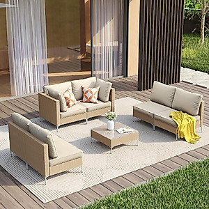 VICLLAX 7 Pieces Patio Conversation Set, Cushioned Outdoor Furniture Set of 7, Wicker Outdoor Sectional Sofa Set with Glass-top Table for Lawn, Backyard, Garden, Oak Rattan